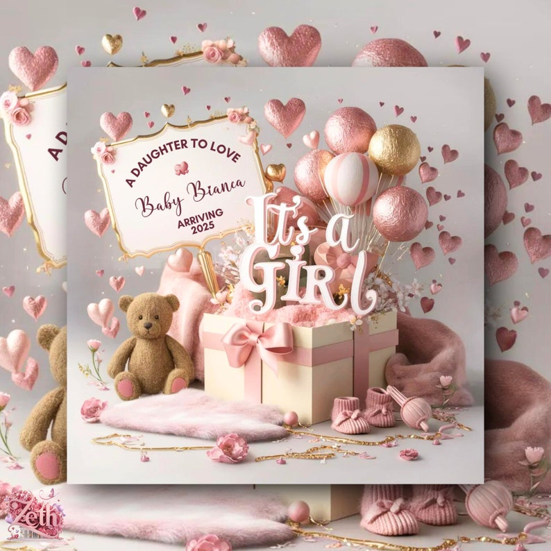 3D Pink It's a Girl Pregnancy Announcement | Digital Baby Announcement ...