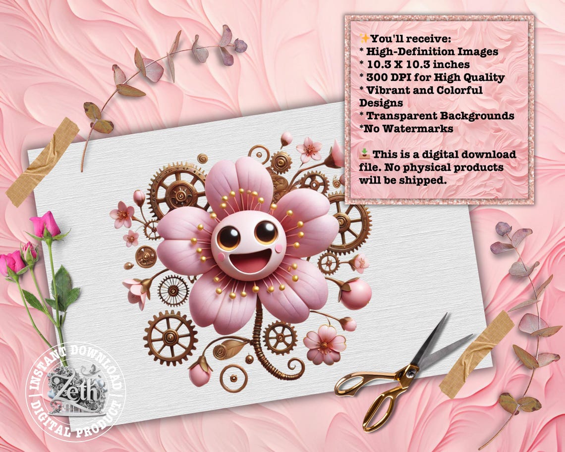 Whimsical Steampunk Flower Clipart, Cute Floral PNG, Fantasy ...