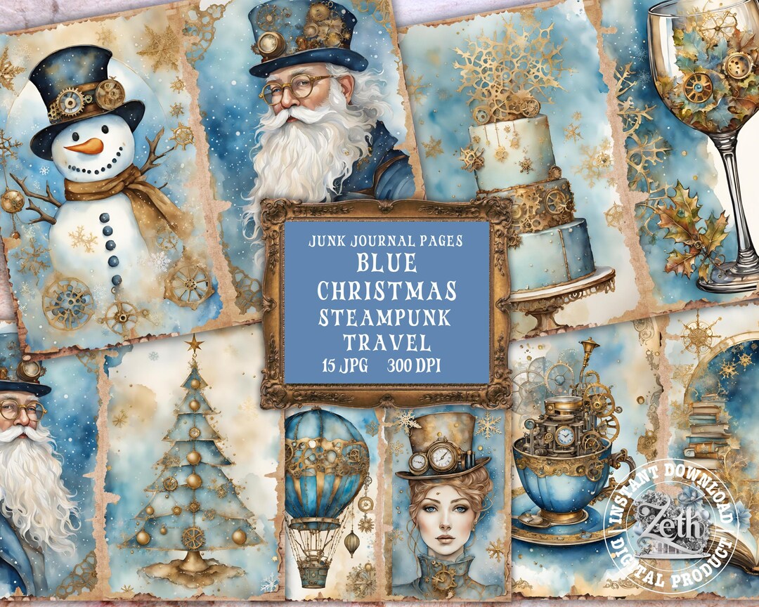 Blue Christmas Junk Journal Kit, Steampunk Junk Journal Paper, Travel ...