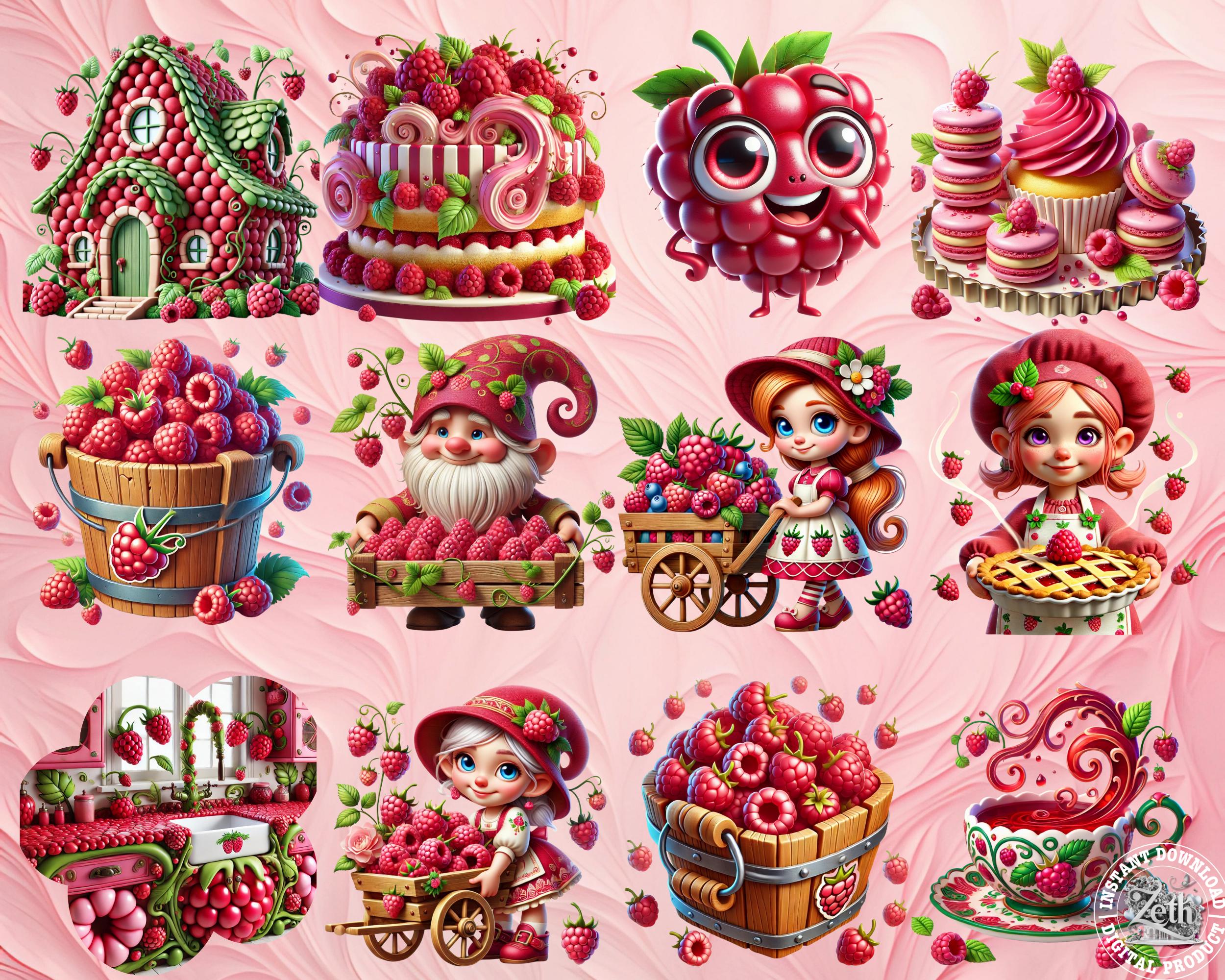 Whimsical Raspberry Clipart, Cute Berry PNG, Farmhouse Fruit Art ...