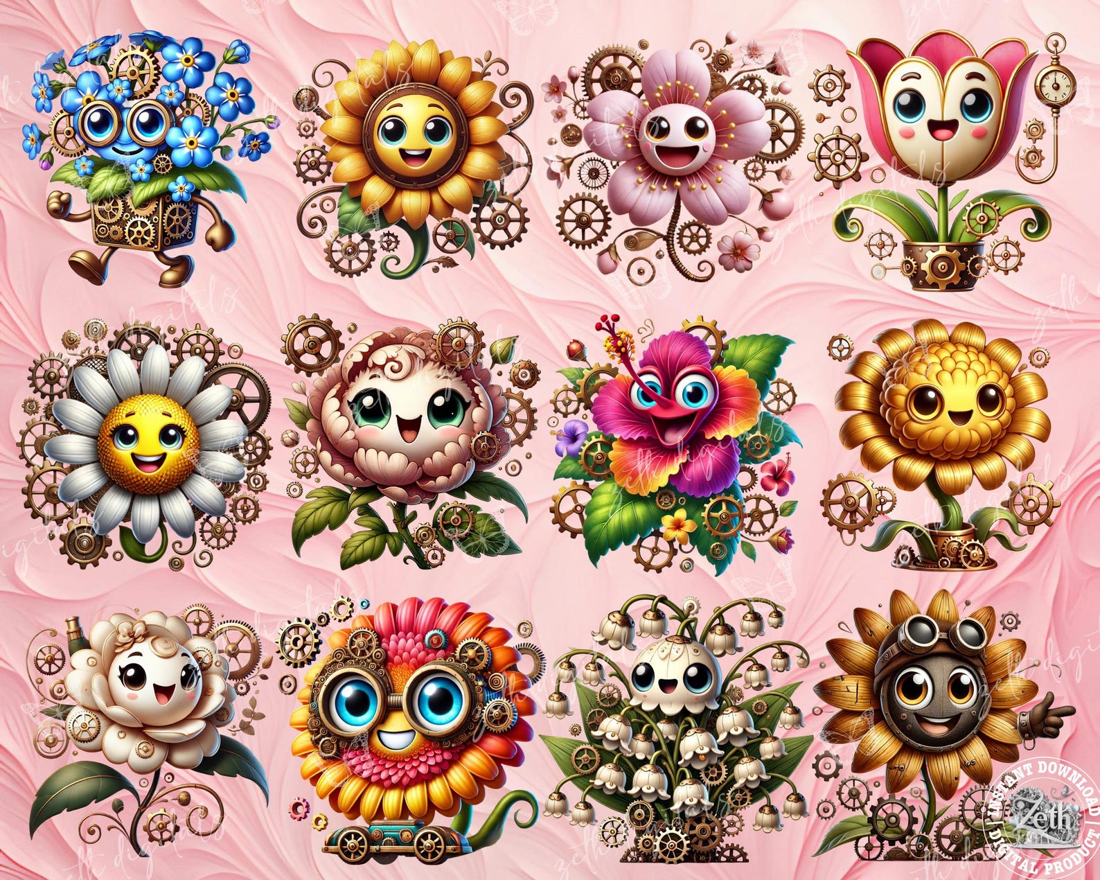 Whimsical Steampunk Flower Clipart, Cute Floral PNG, Fantasy ...