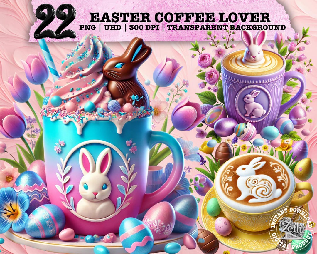 Easter Coffee Clipart, Cute Bunny Mug PNG, Spring Coffee Sublimation ...