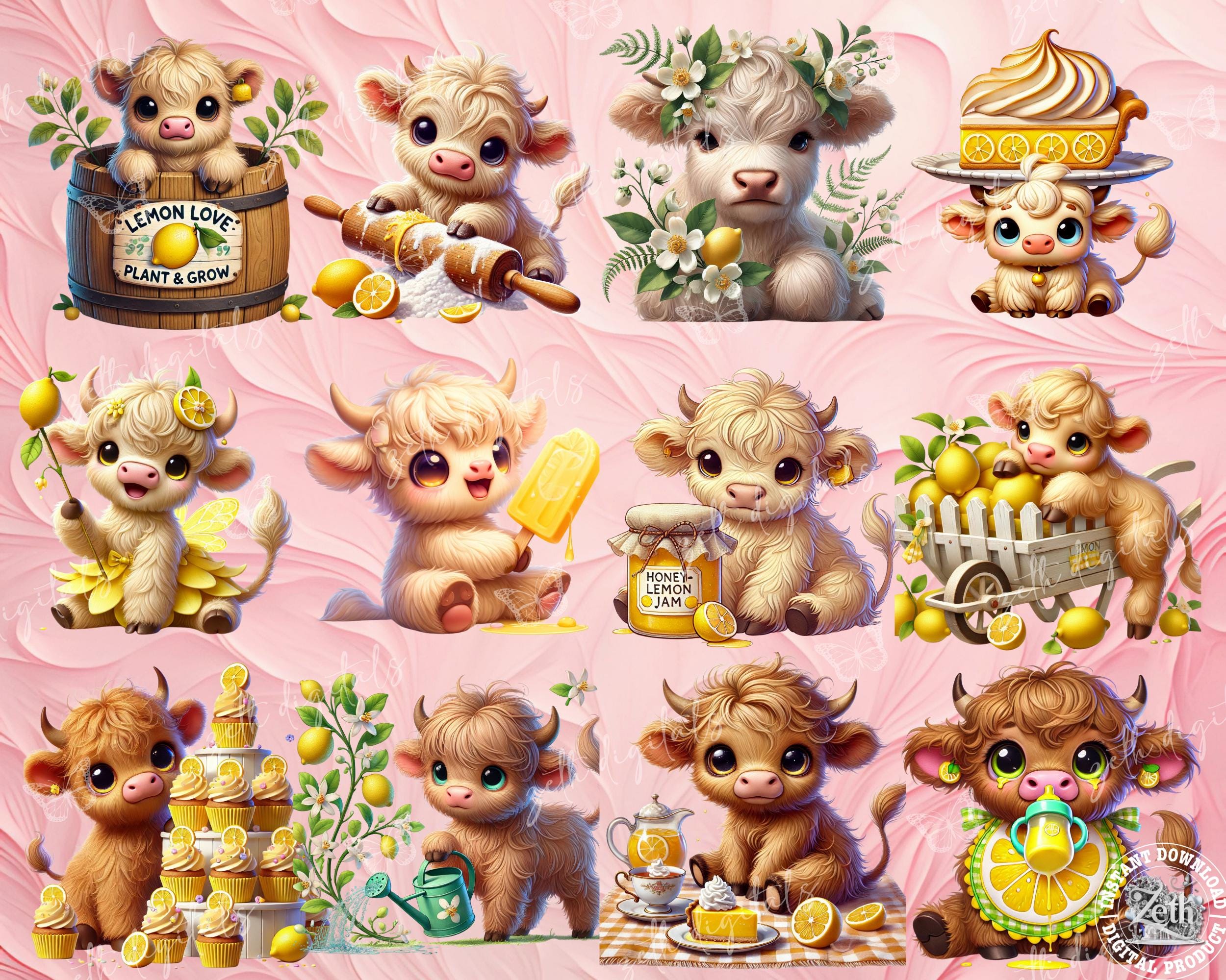 Whimsical Lemon Cow Clipart, Cute Fruit Farm PNG, Highland Cow Art ...