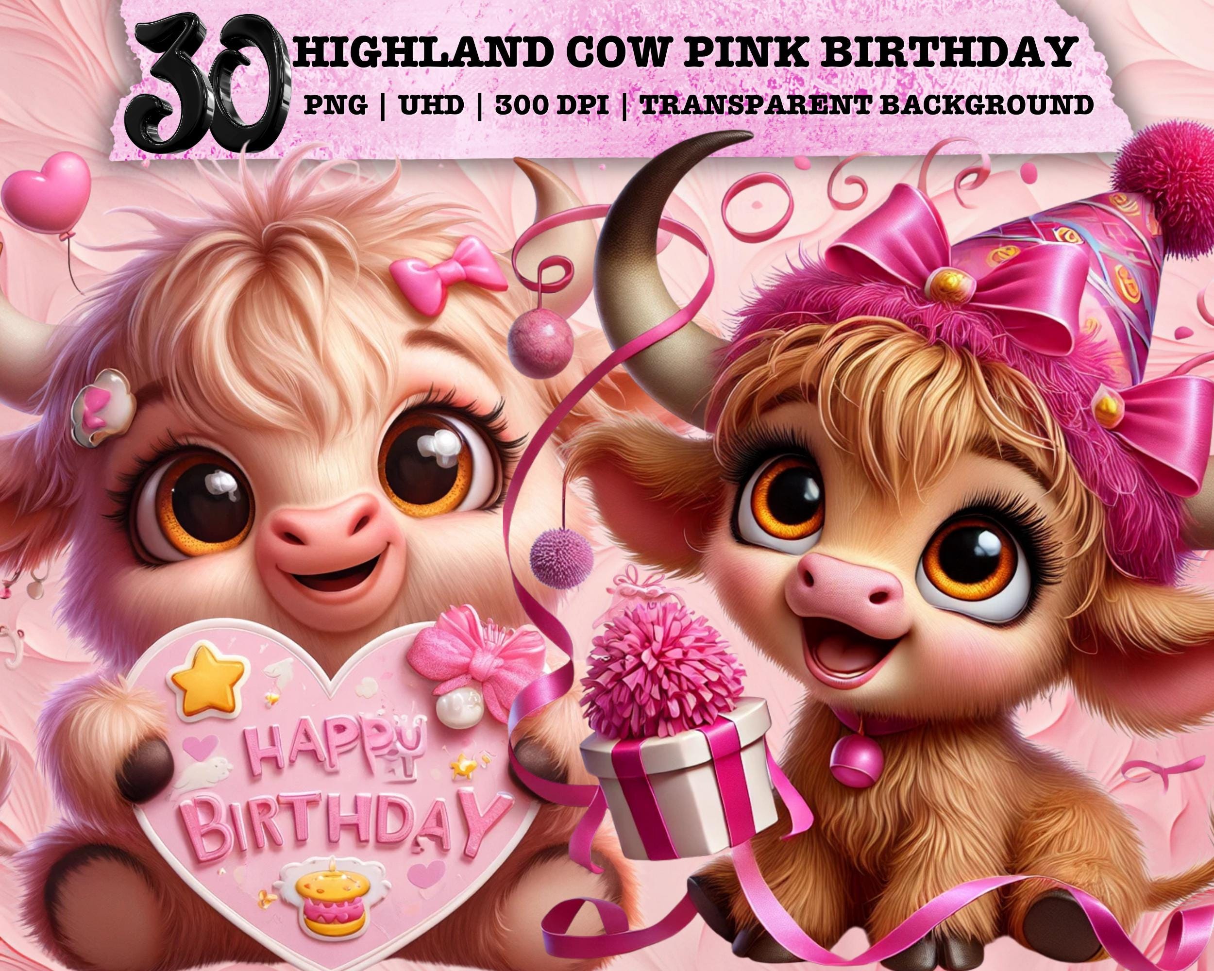 Whimsical Birthday Clipart, Pink Cow PNG, Cute Party Sublimation, Farm ...