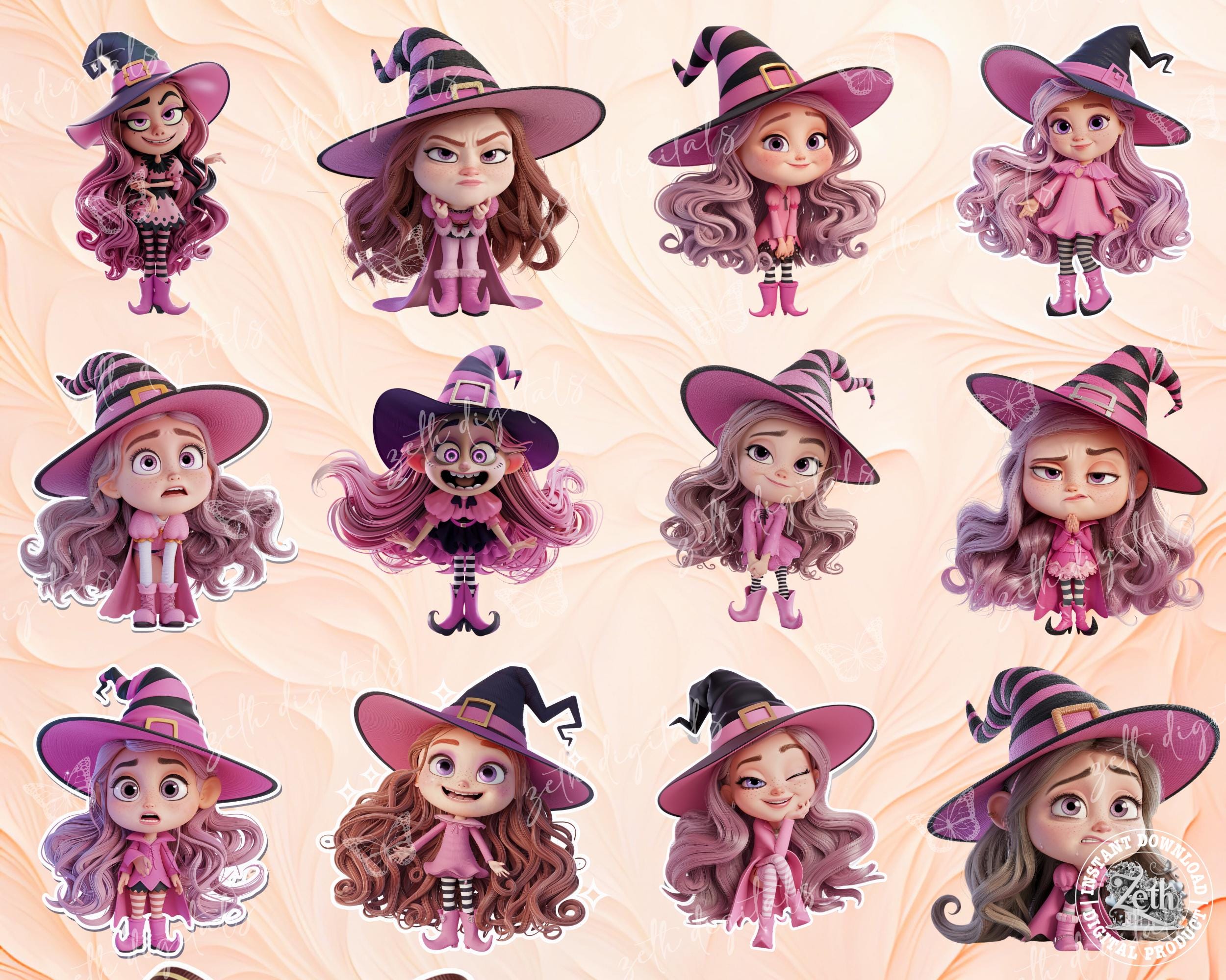 Pink Witch Clipart, Halloween Clipart Whimsical Witch Clipart Pink ...