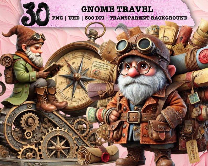Steampunk Gnome Clipart, Vintage Travel PNG, Compass Clock Art, Rustic Sublimation, Explorer ...