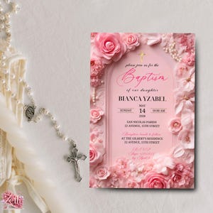 Pink Flower Baptism, Girls Baptism Invitation Template, Printable ...