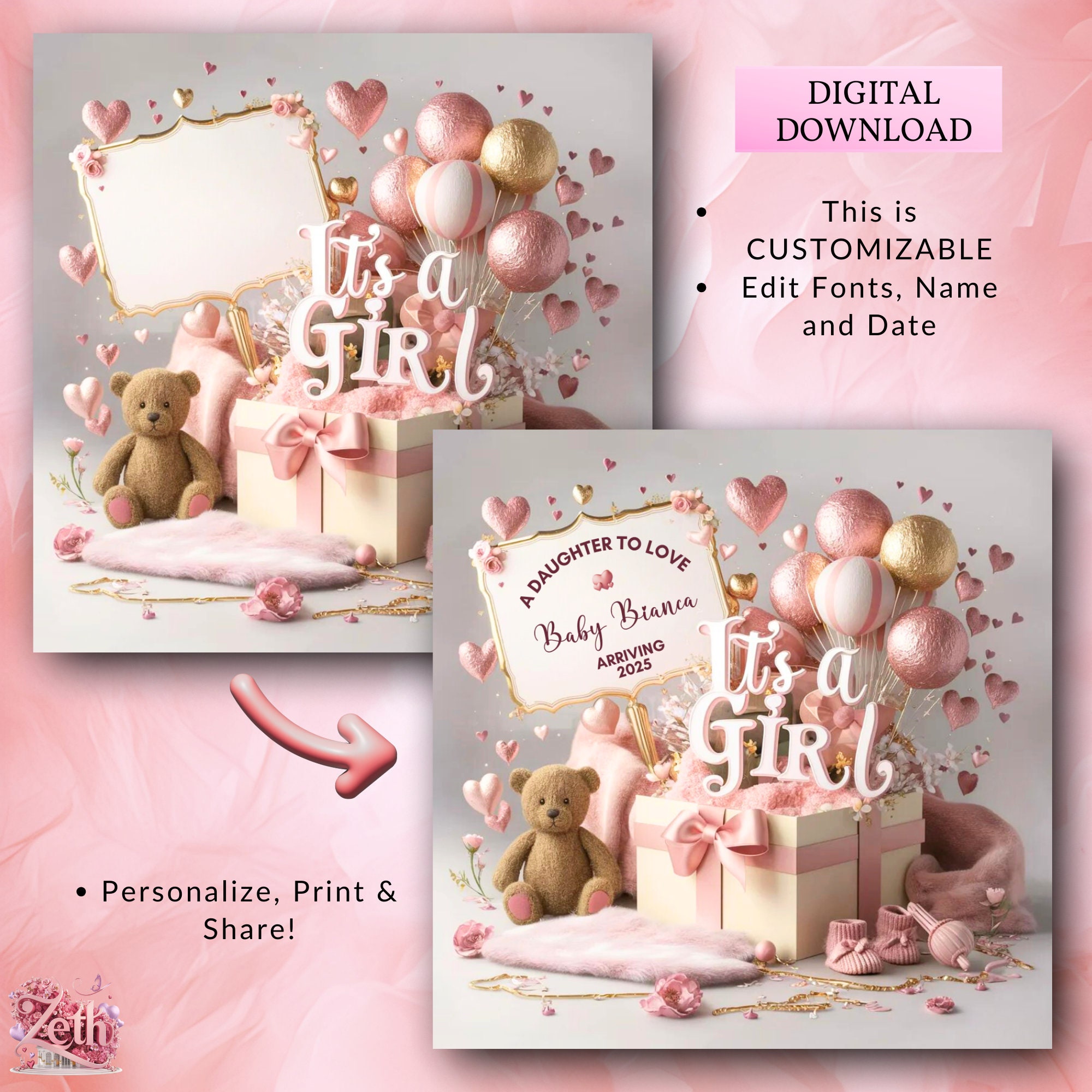 3D Pink It's a Girl Pregnancy Announcement | Digital Baby Announcement ...