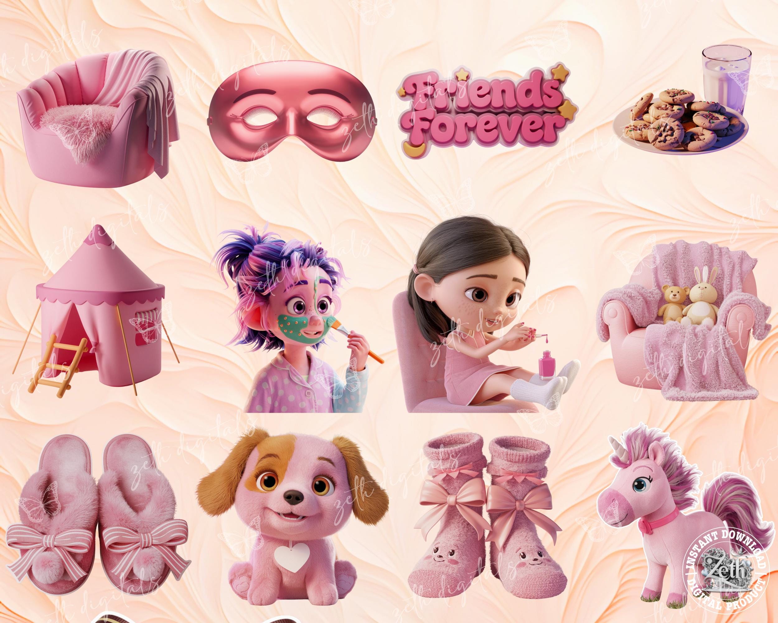 Pink Slumber Party Clipart, Pink Pajama Clipart, Children Party Clipart ...