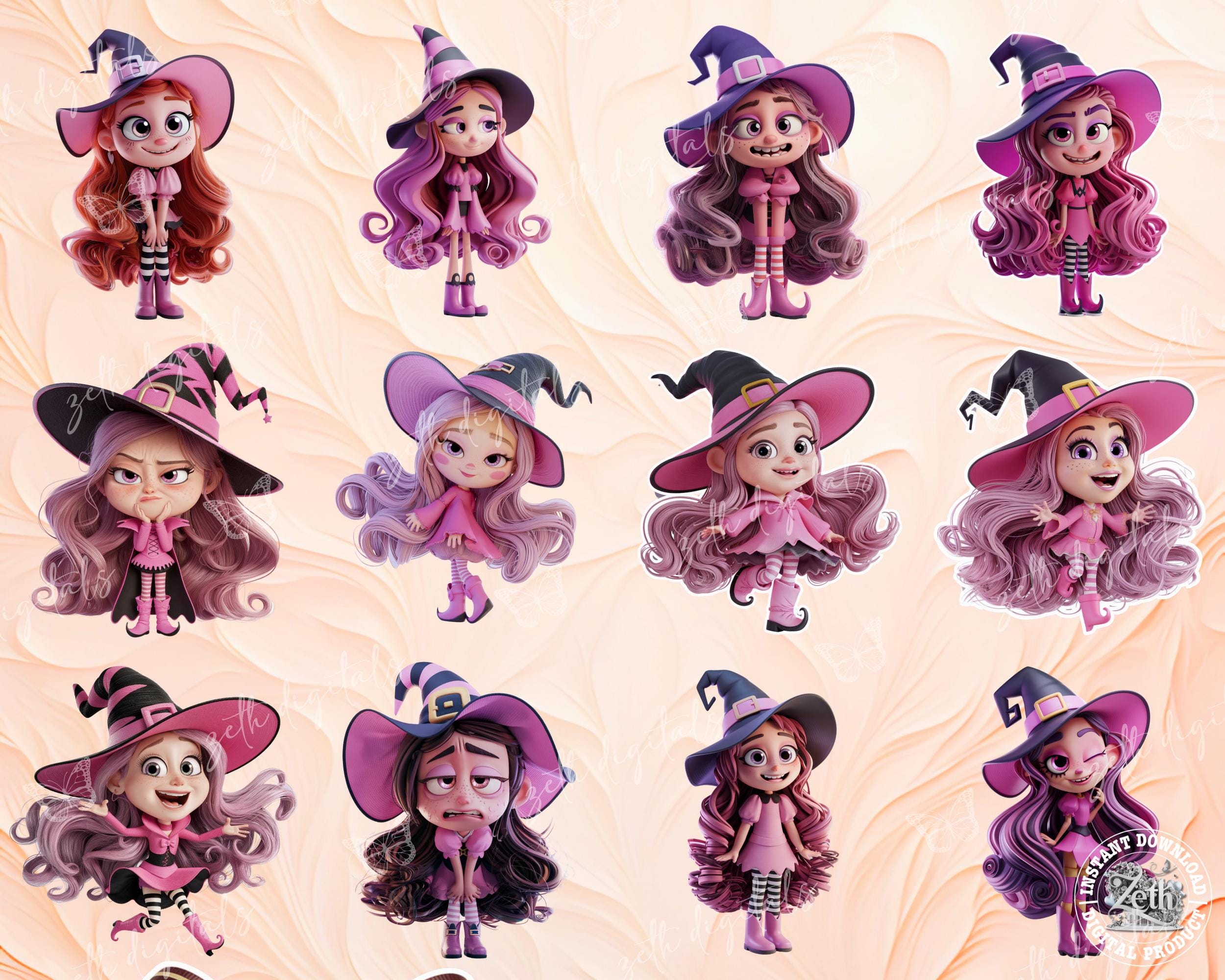 Pink Witch Clipart, Halloween Clipart Whimsical Witch Clipart Pink ...