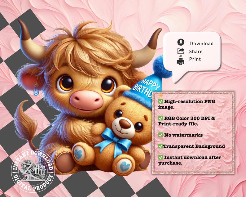 Whimsical Cow Birthday PNG, Cute Highland Clipart, Farm Animal Art ...