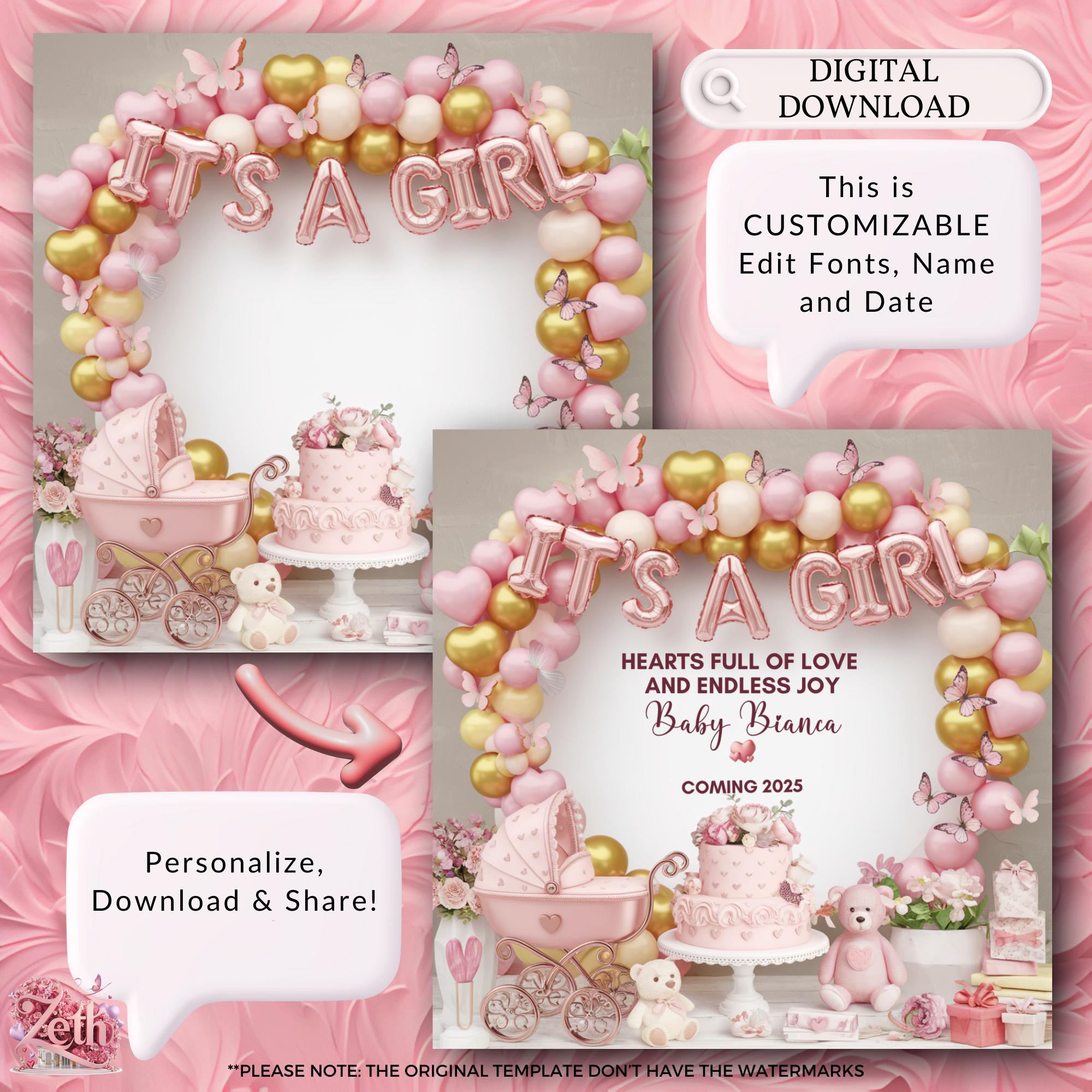 3D Pink It's a Girl Pregnancy Announcement Digital Baby Announcement ...