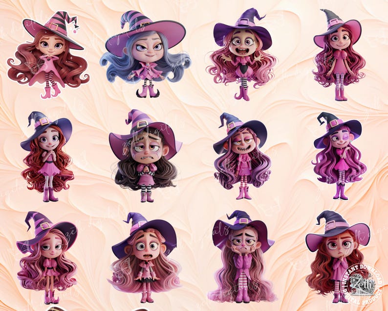 Pink Witch Clipart, Halloween Clipart Whimsical Witch Clipart Pink ...