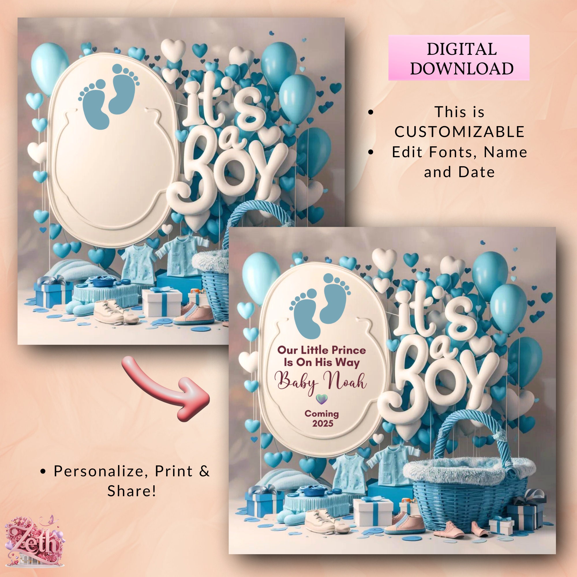 3D Blue It's a Boy Pregnancy Announcement Digital Baby Announcement Boy ...