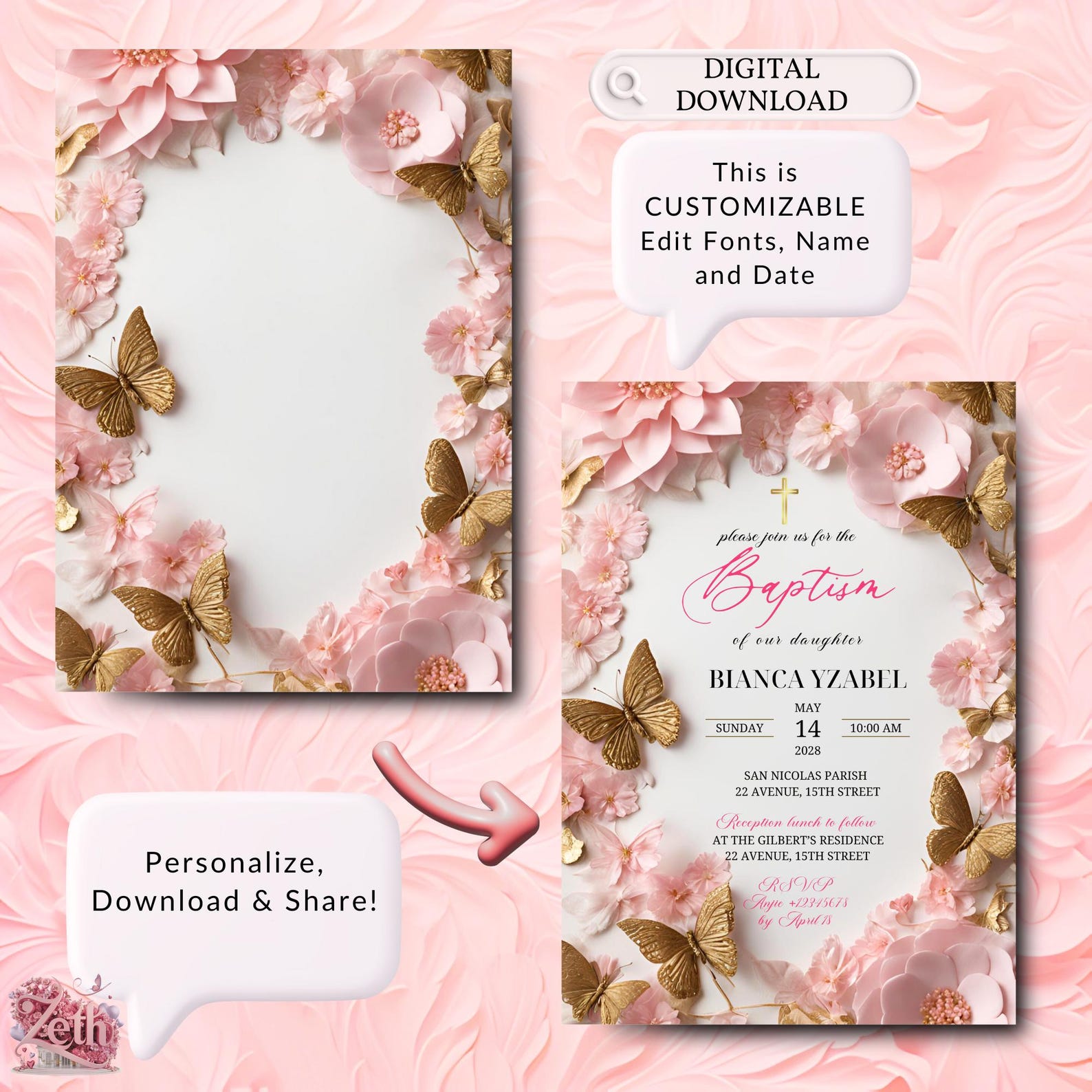 Pink Flower Baptism, Girls Baptism Invitation Template, Printable ...
