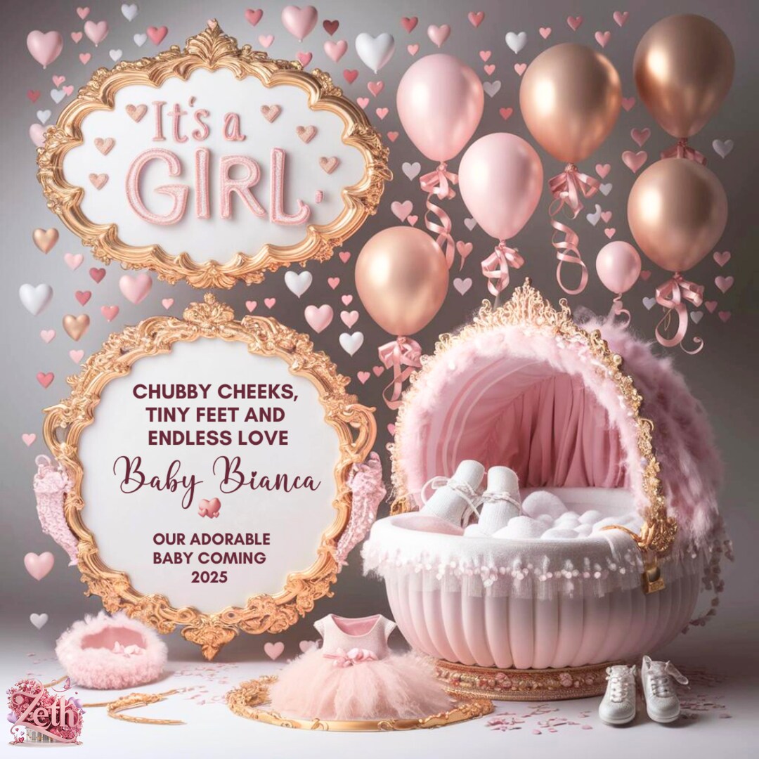 3D Pink It's a Girl Pregnancy Announcement | Digital Baby Announcement ...