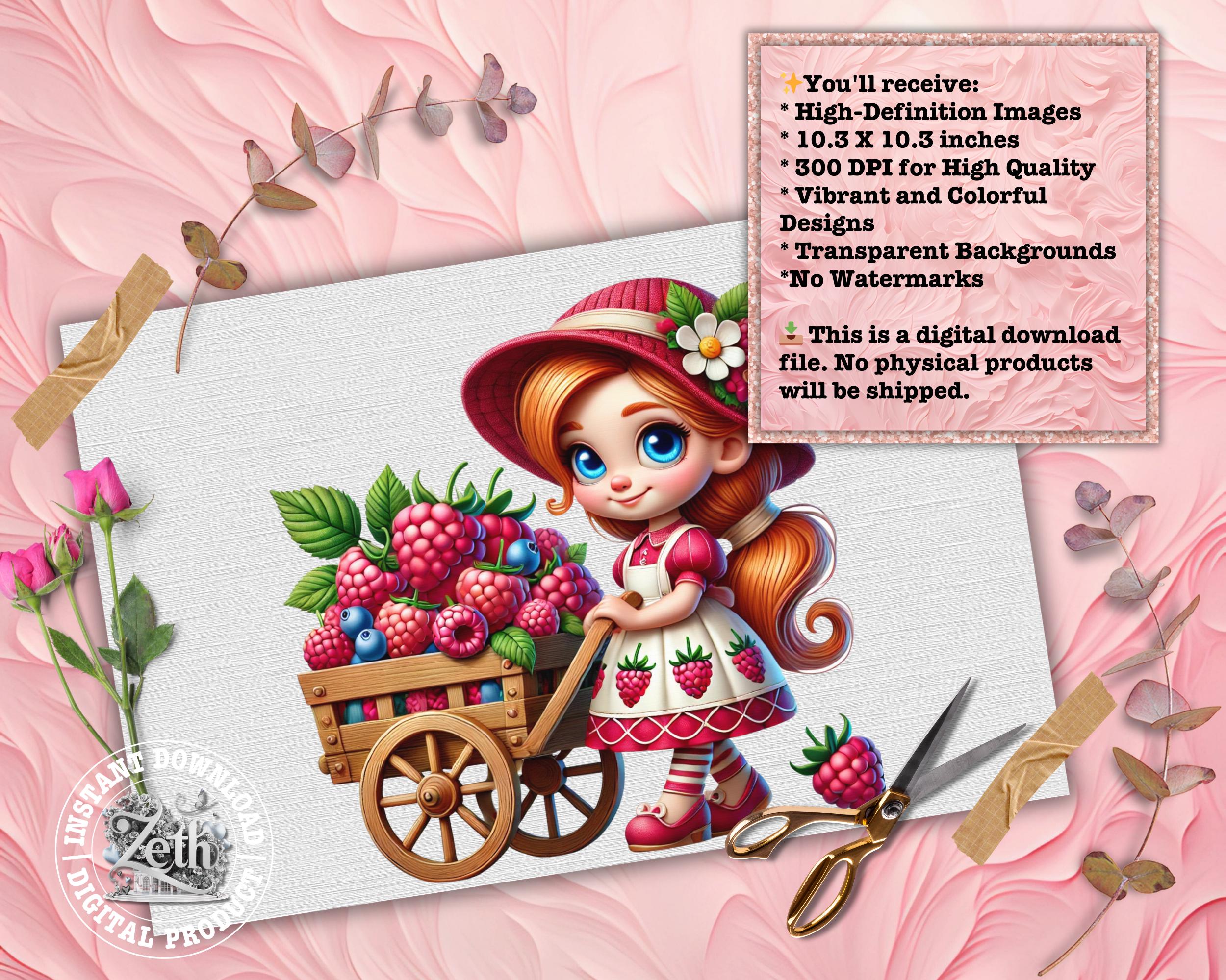 Whimsical Raspberry Clipart, Cute Berry PNG, Farmhouse Fruit Art ...