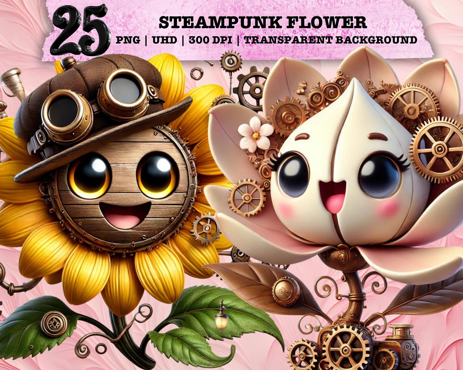 Whimsical Steampunk Flower Clipart, Cute Floral PNG, Fantasy ...