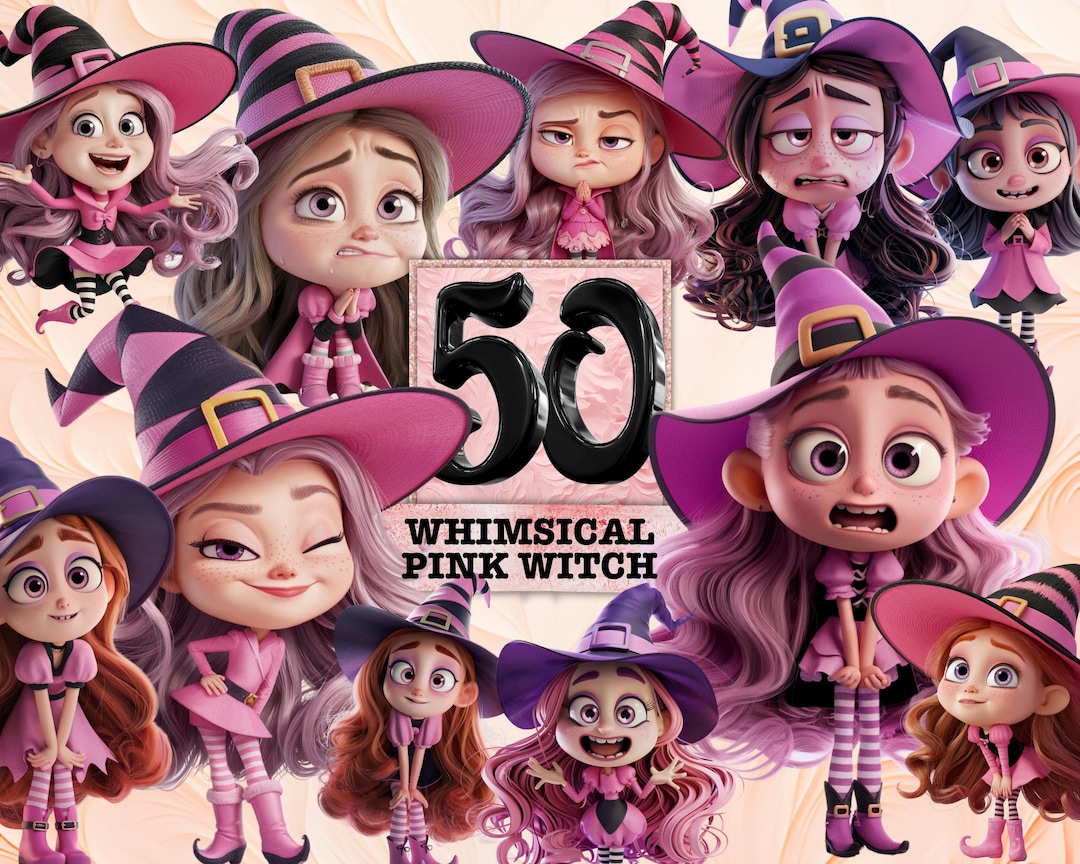 Pink Witch Clipart, Halloween Clipart Whimsical Witch Clipart Pink ...