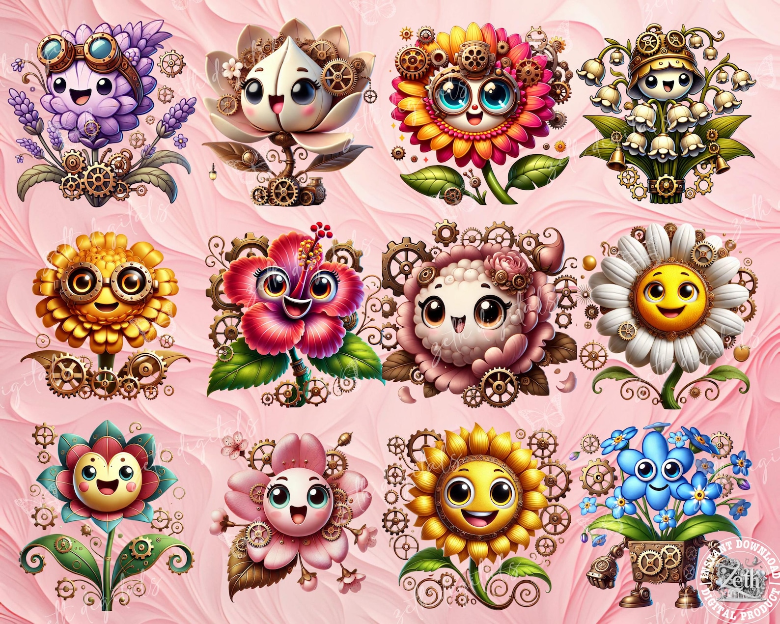Whimsical Steampunk Flower Clipart, Cute Floral PNG, Fantasy ...