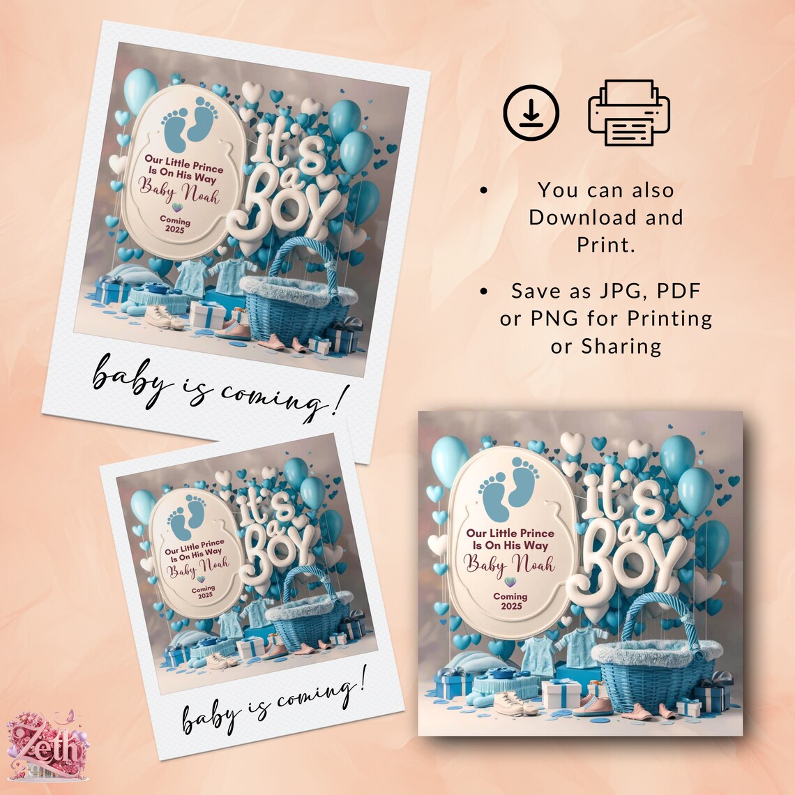 3D Blue It's a Boy Pregnancy Announcement Digital Baby Announcement Boy ...