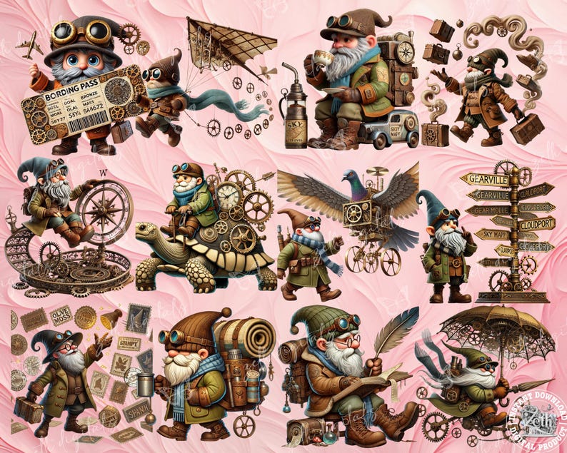 Steampunk Gnome Clipart, Vintage Travel PNG, Compass Clock Art, Rustic Sublimation, Explorer ...