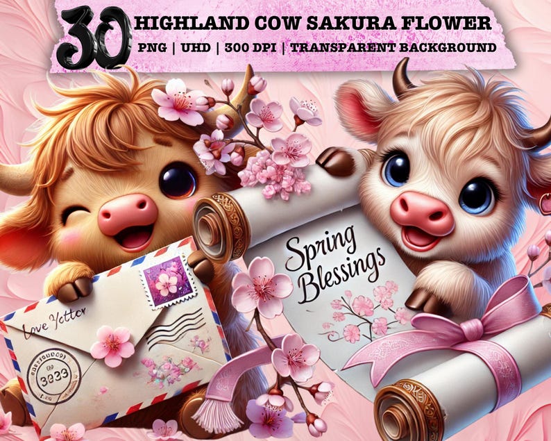 Whimsical Sakura Cow Clipart, Cute Blossom PNG, Farm Animal Spring Art ...