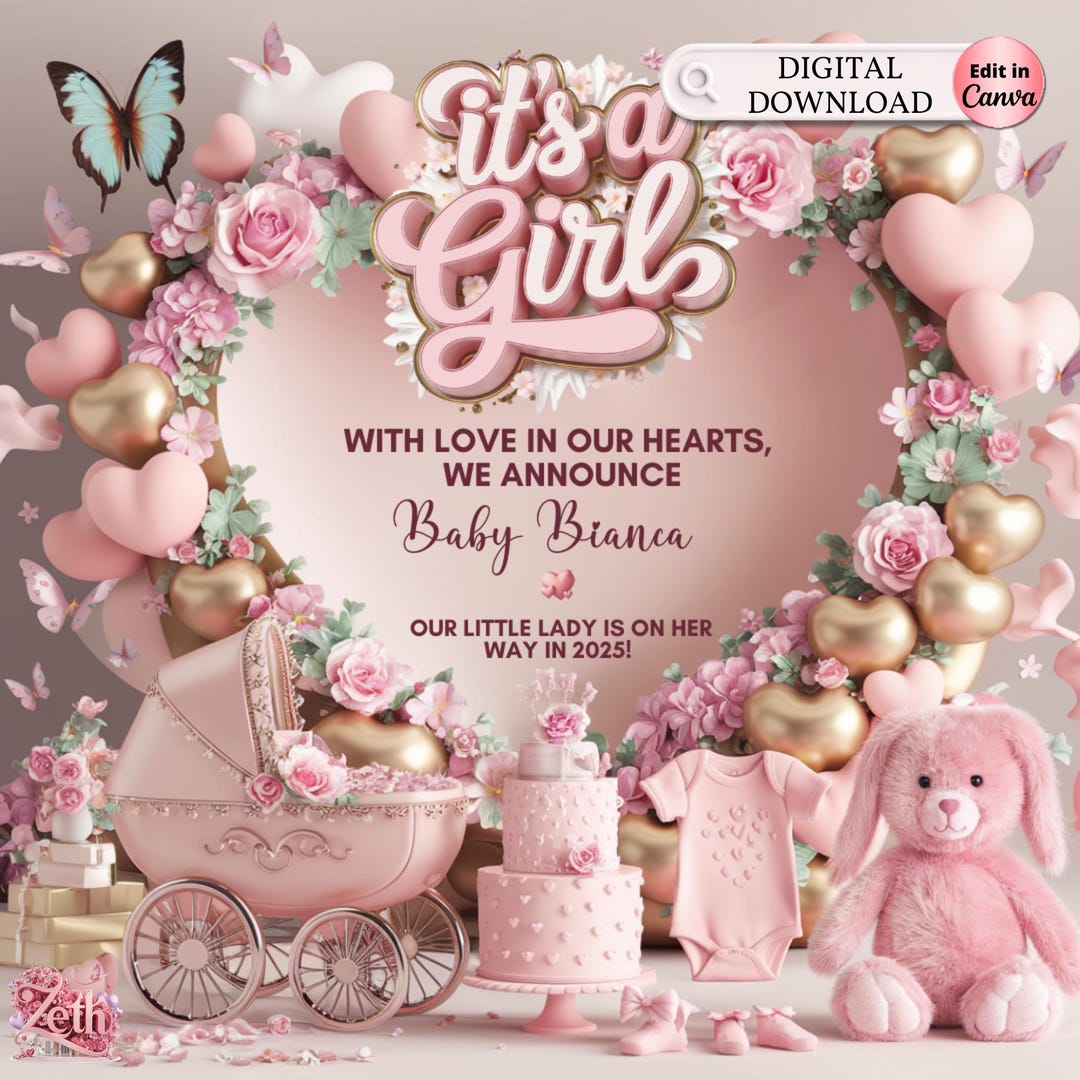 3D Pink It’s a Girl Pregnancy Announcement Digital Baby Girl Gender ...