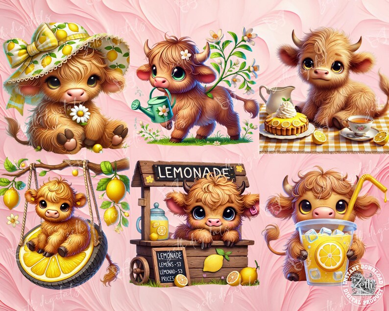 Whimsical Lemon Cow Clipart, Cute Fruit Farm PNG, Highland Cow Art ...