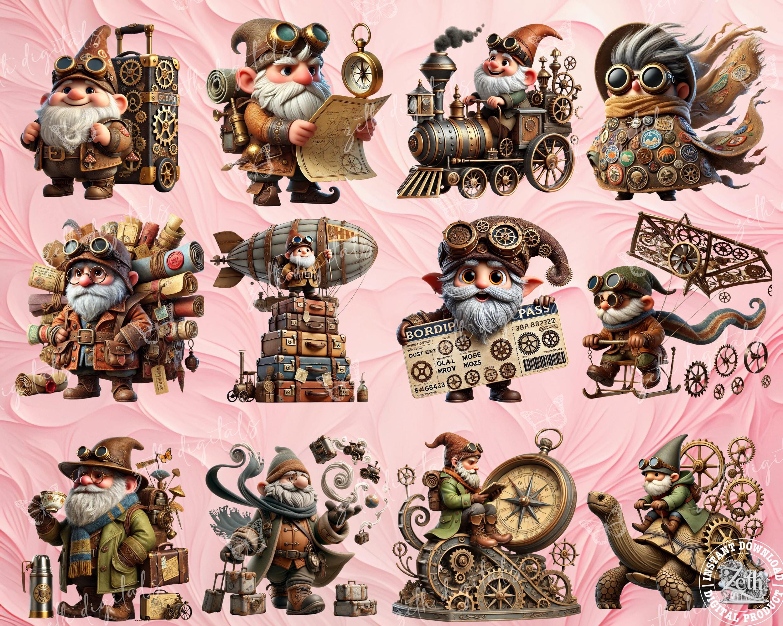 Steampunk Gnome Clipart, Vintage Travel PNG, Compass Clock Art, Rustic ...