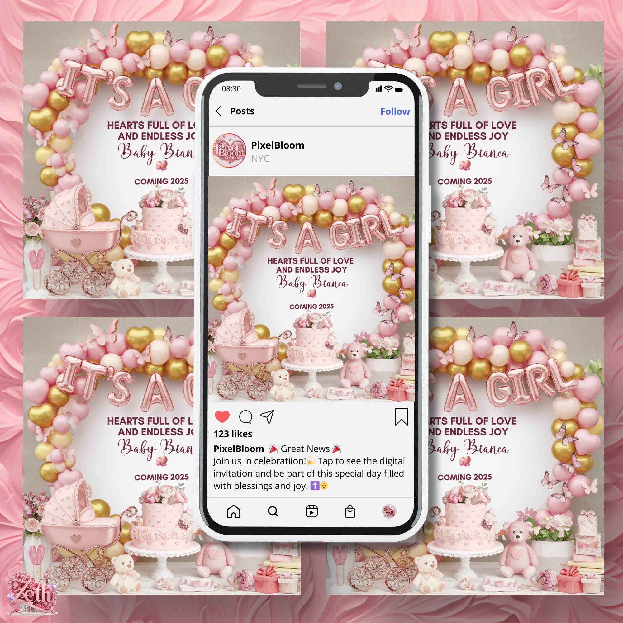 3D Pink It's a Girl Pregnancy Announcement Digital Baby Announcement ...