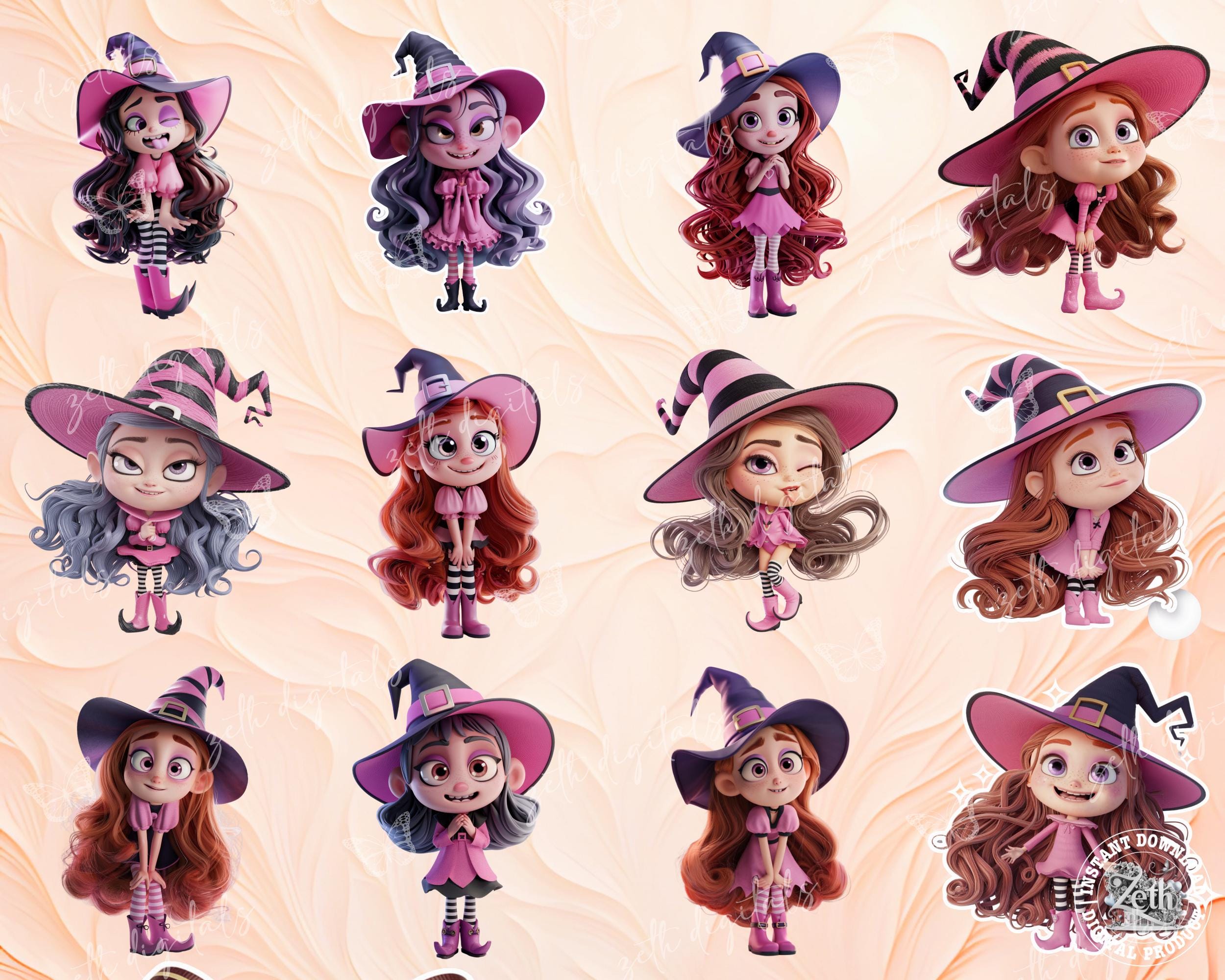 Pink Witch Clipart, Halloween Clipart Whimsical Witch Clipart Pink ...