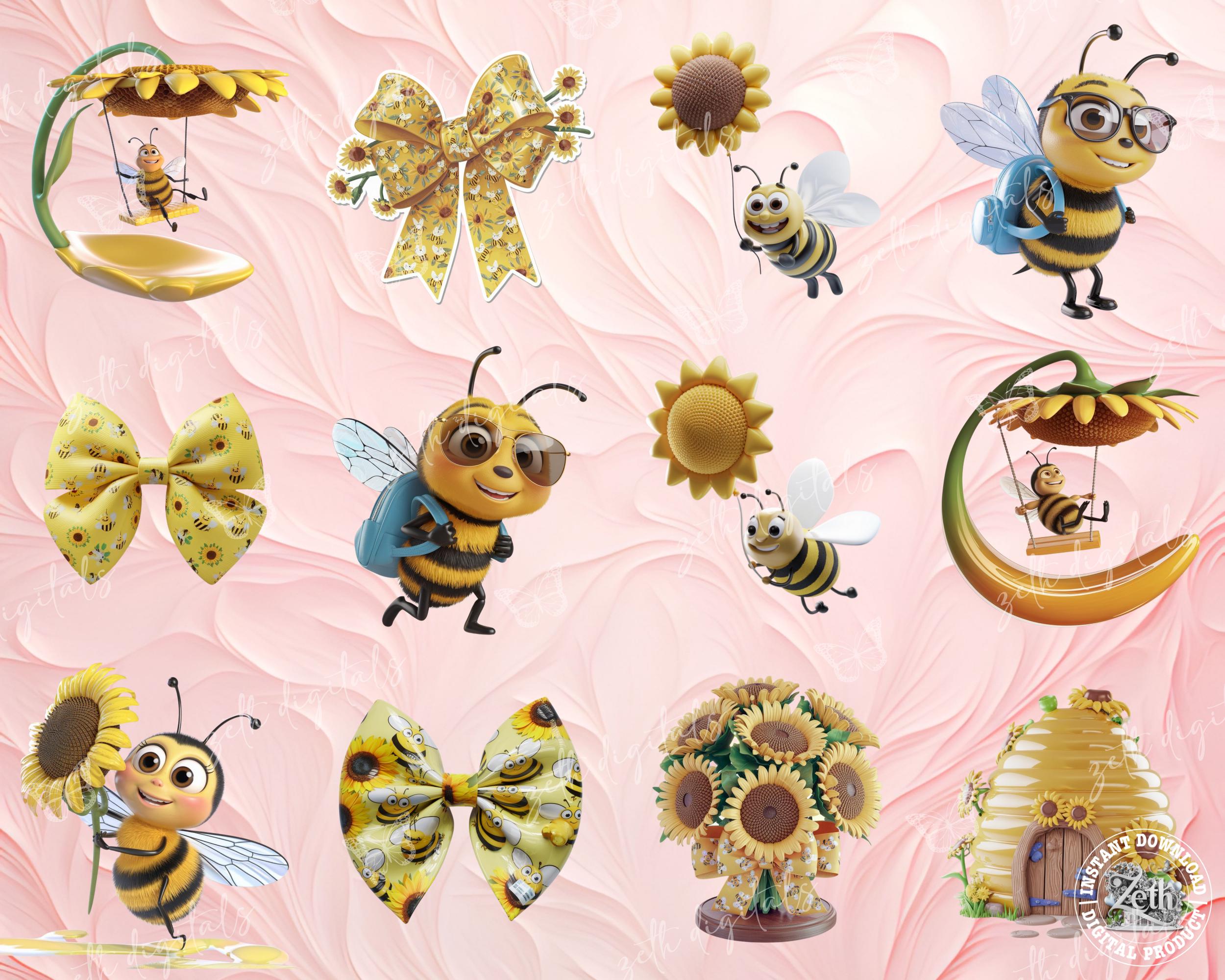 Cute Bee Clipart, Sunflower Clipart, Honeybee Clipart, Flower and Bees ...
