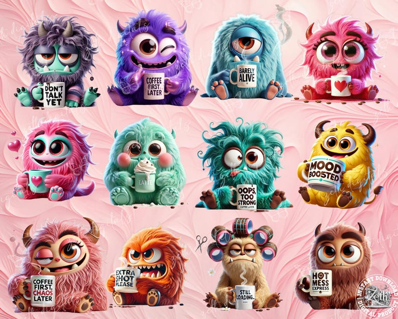 Funny Coffee Monster Clipart, Quirky PNG Set, Cute Mug Humor Art ...