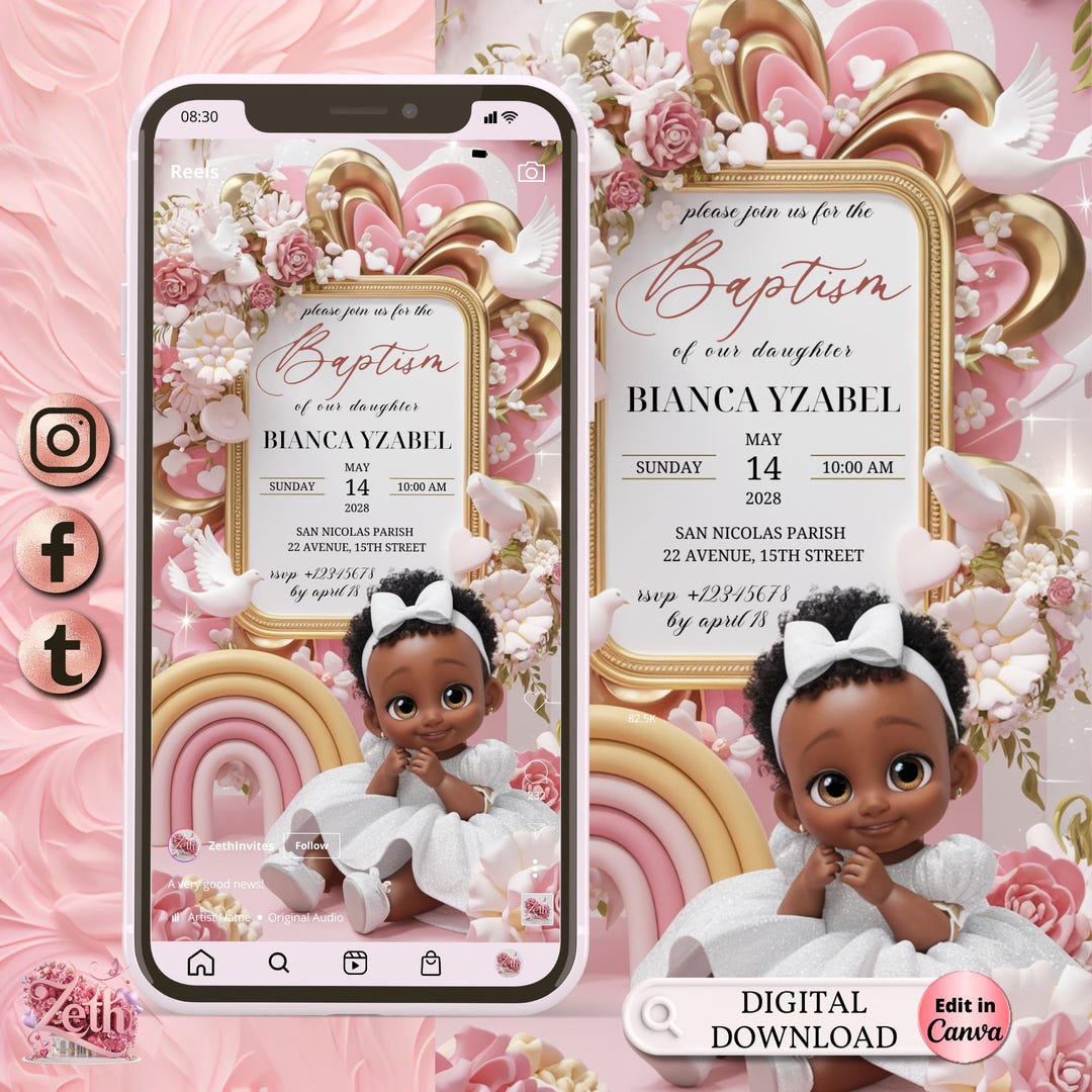 3D Girl Evite Baptism, Girl Invitation, Pink Floral Baptism Invitation ...