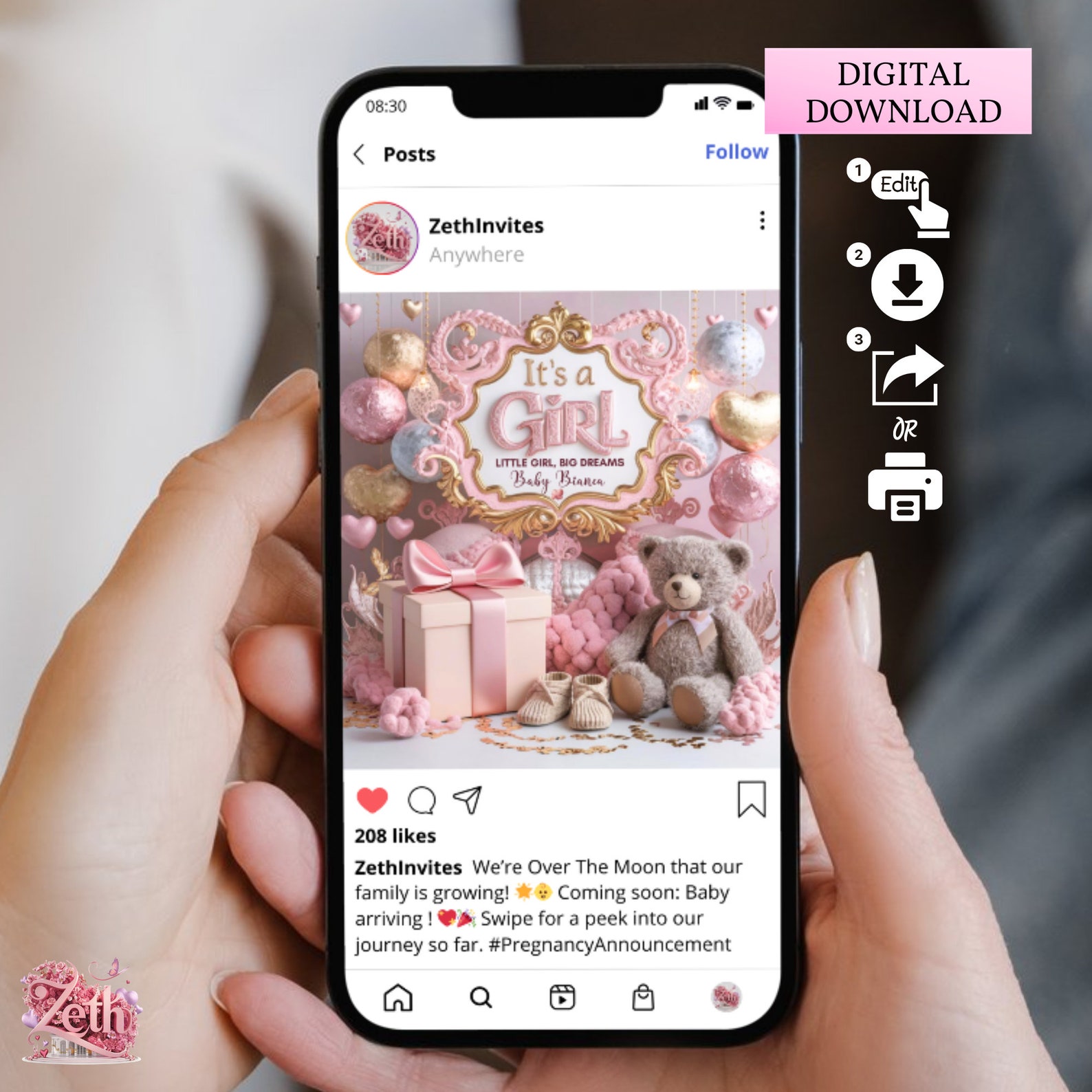 3D Pink It's a Girl Pregnancy Announcement | Digital Baby Announcement ...