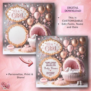 3D Pink It's a Girl Pregnancy Announcement | Digital Baby Announcement ...