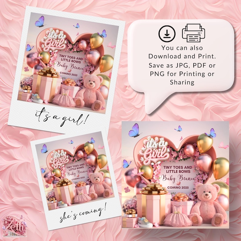 3D Pink It's a Girl Pregnancy Announcement | Digital Baby Announcement ...