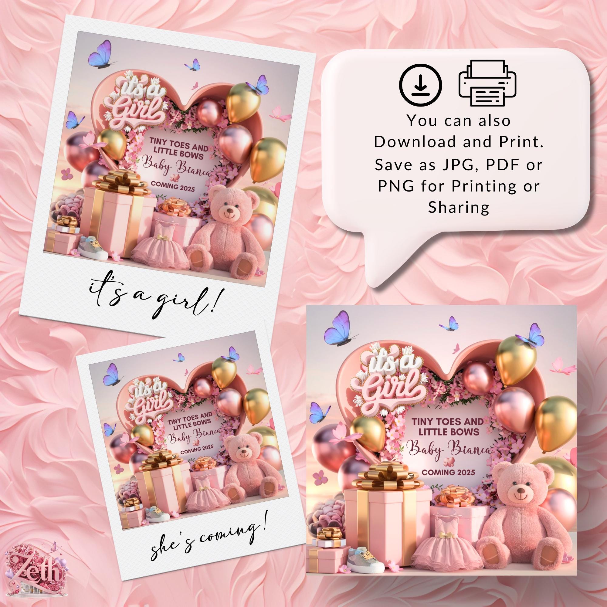 3D Pink It's a Girl Pregnancy Announcement | Digital Baby Announcement ...