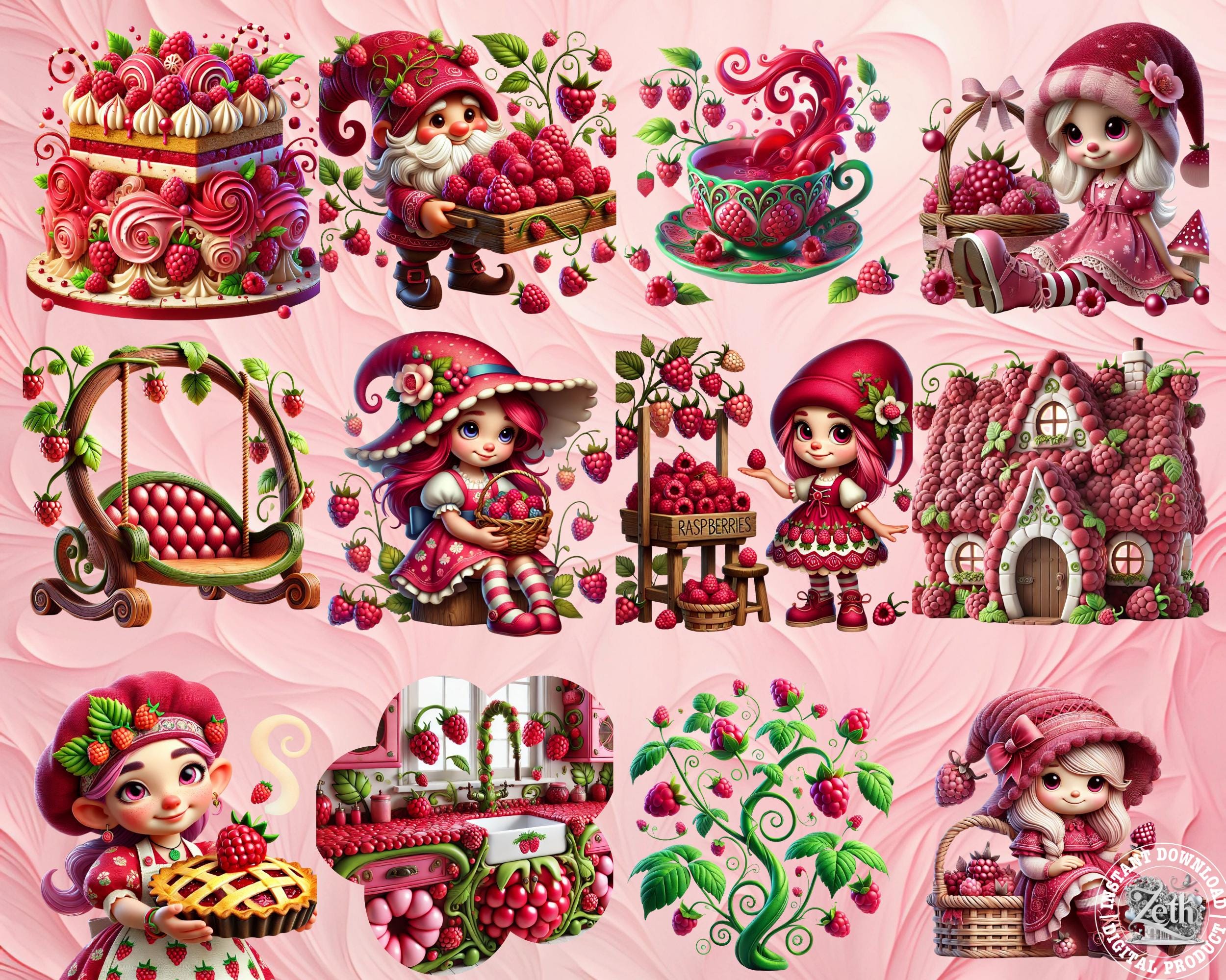 Whimsical Raspberry Clipart, Cute Berry PNG, Farmhouse Fruit Art ...