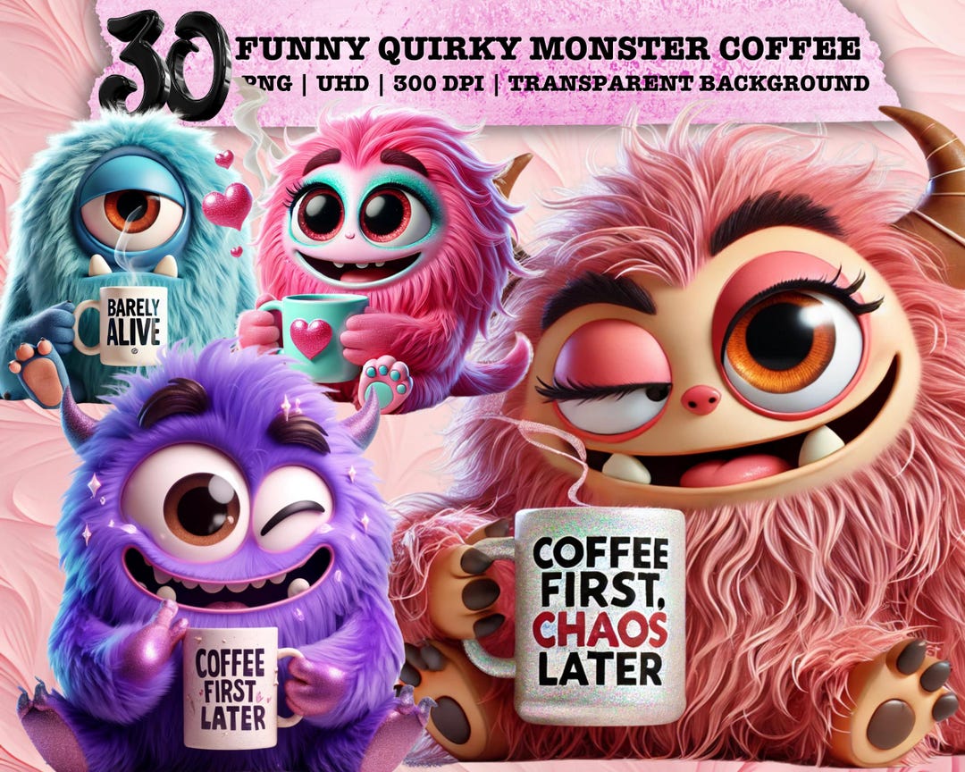 Funny Coffee Monster Clipart, Quirky PNG Set, Cute Mug Humor Art, Caffeine Sublimation, Colorful ...