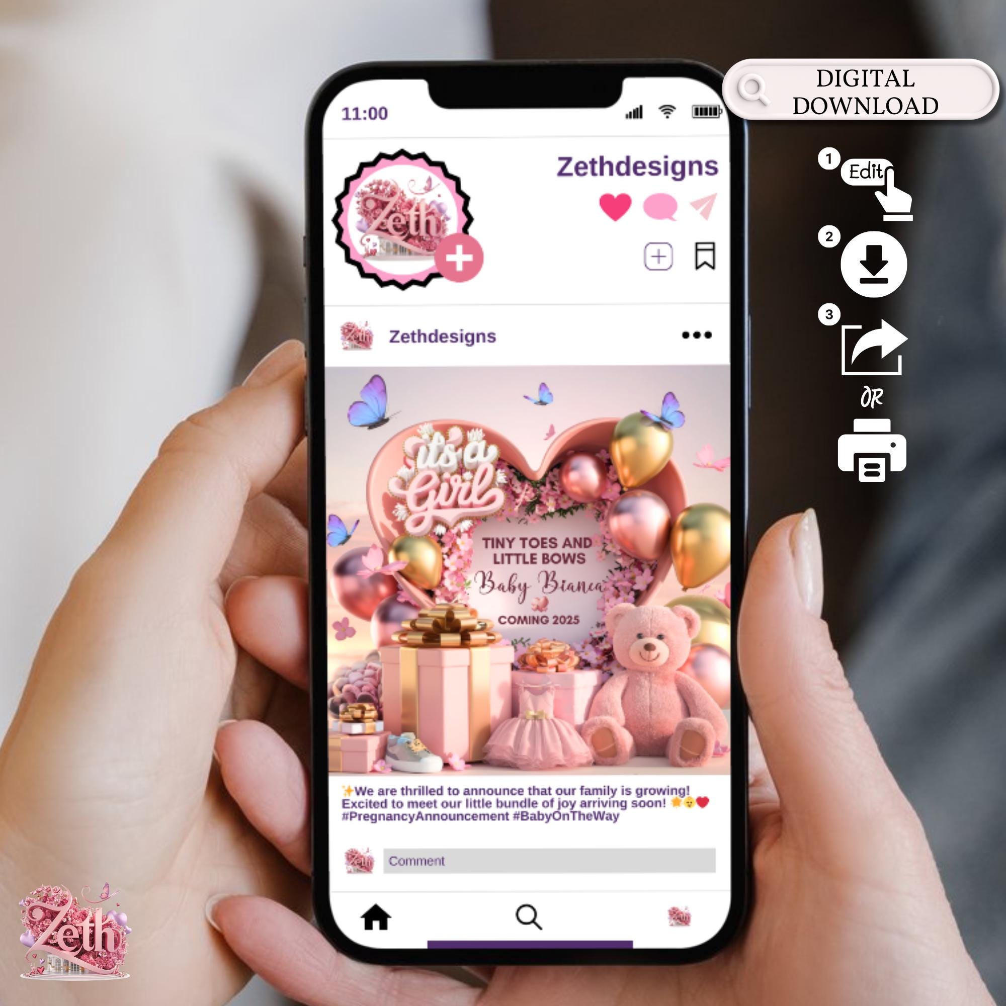 3D Pink It's a Girl Pregnancy Announcement | Digital Baby Announcement ...