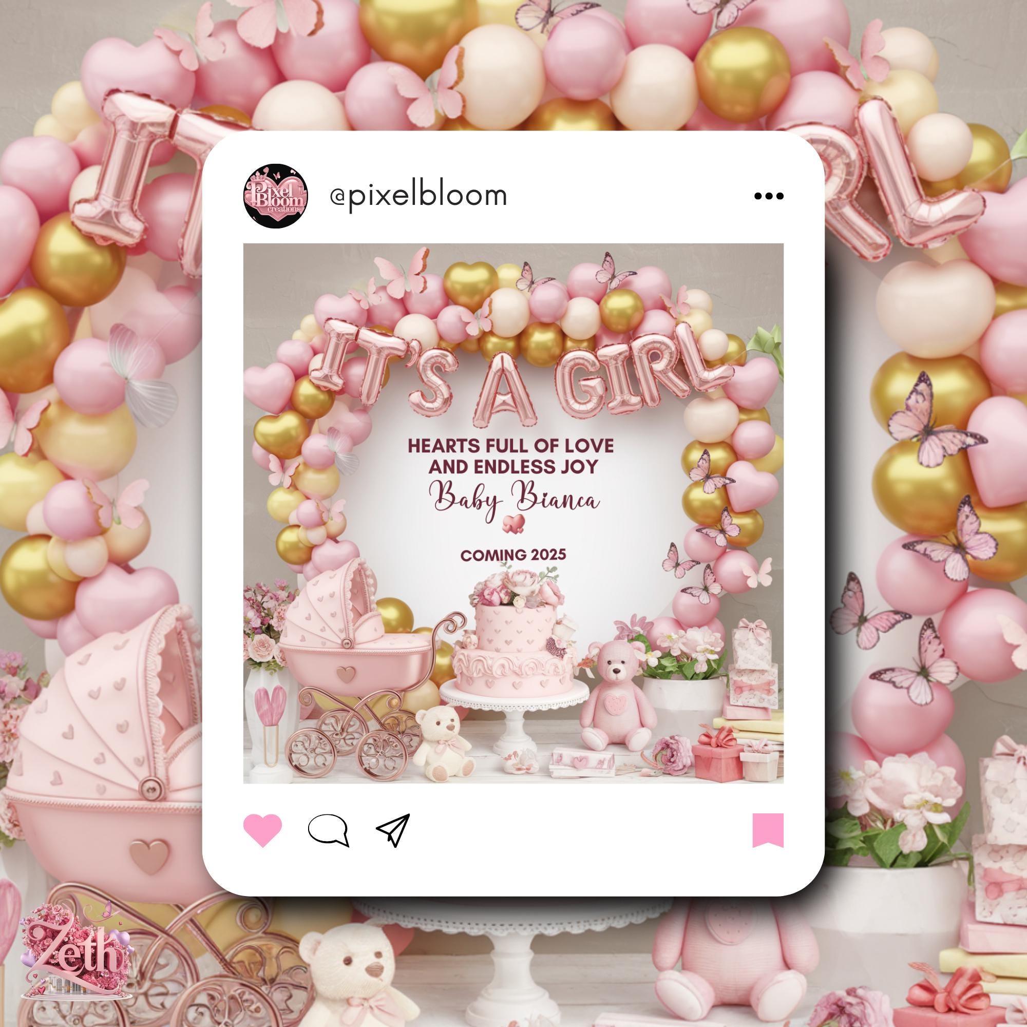 3D Pink It's a Girl Pregnancy Announcement Digital Baby Announcement ...