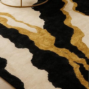 Modern Abstract Black Gold Cream Wool Rug | Handmade Luxury Tufted ...