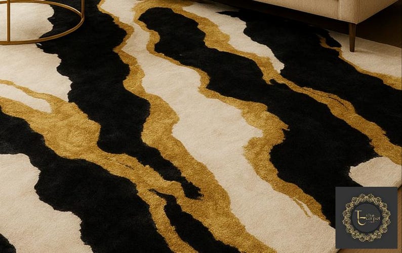 Modern Abstract Black Gold Cream Wool Rug | Handmade Luxury Tufted ...