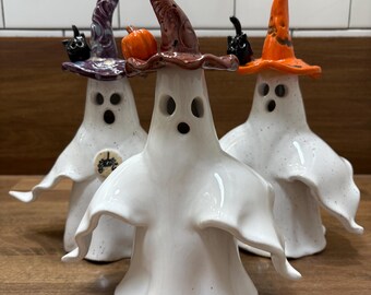 Handmade Ceramic Cat Ghost With Pumpkin Basket, Unique Miniature ...