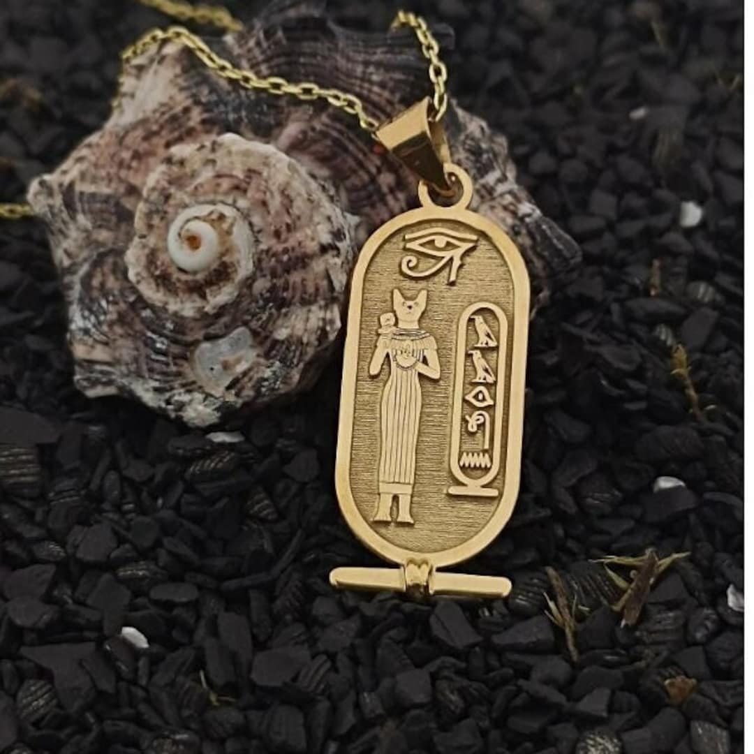 Egyptian Cartouche God Bastet Necklace Hieroglyph Necklace - Etsy
