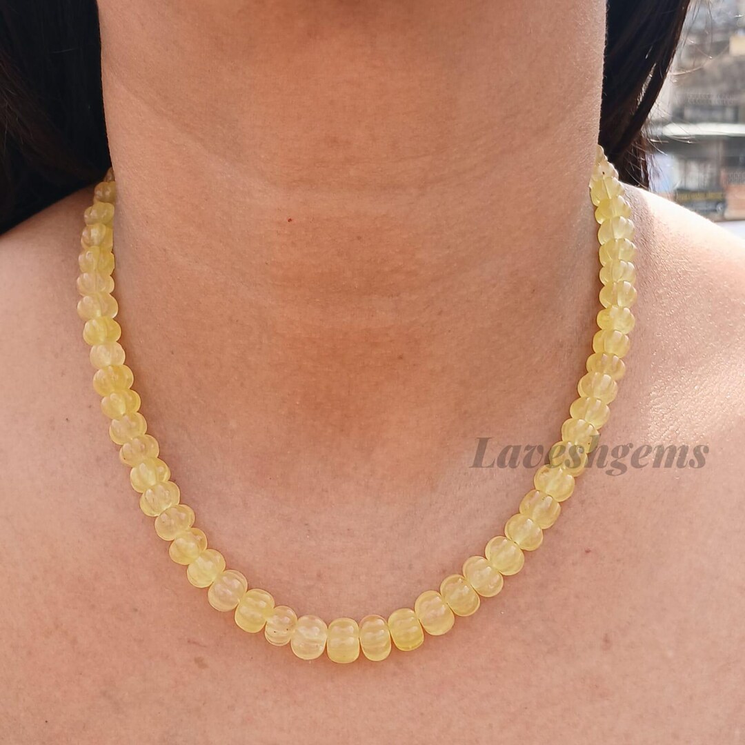 Yellow Quartz Carved Melon Bead Necklace | 16” Elegant Gemstone Strand ...