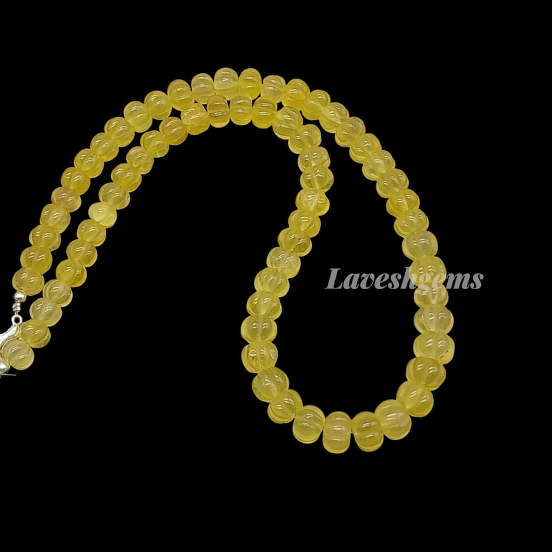 Yellow Quartz Carved Melon Bead Necklace | 16” Elegant Gemstone Strand ...