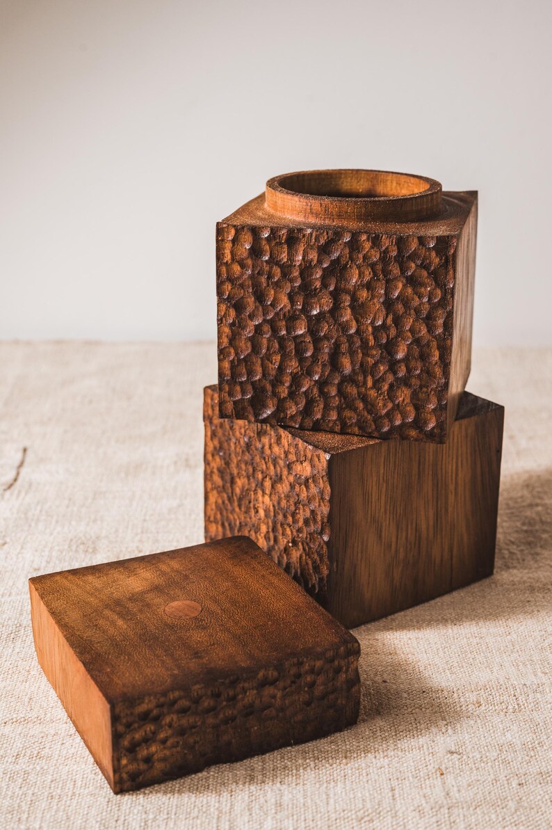 Double Cubic Box, Modular Totem in IROKO Wood, Turned and Carved by ...